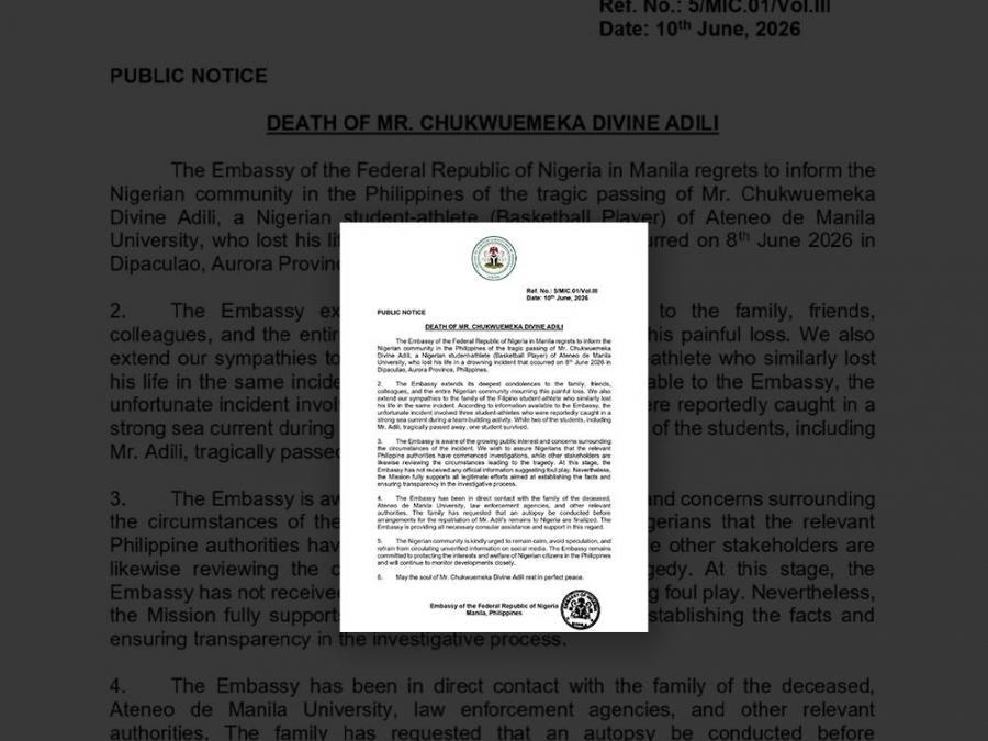 Nigerian embassy releases statement on the death of Divine Adili