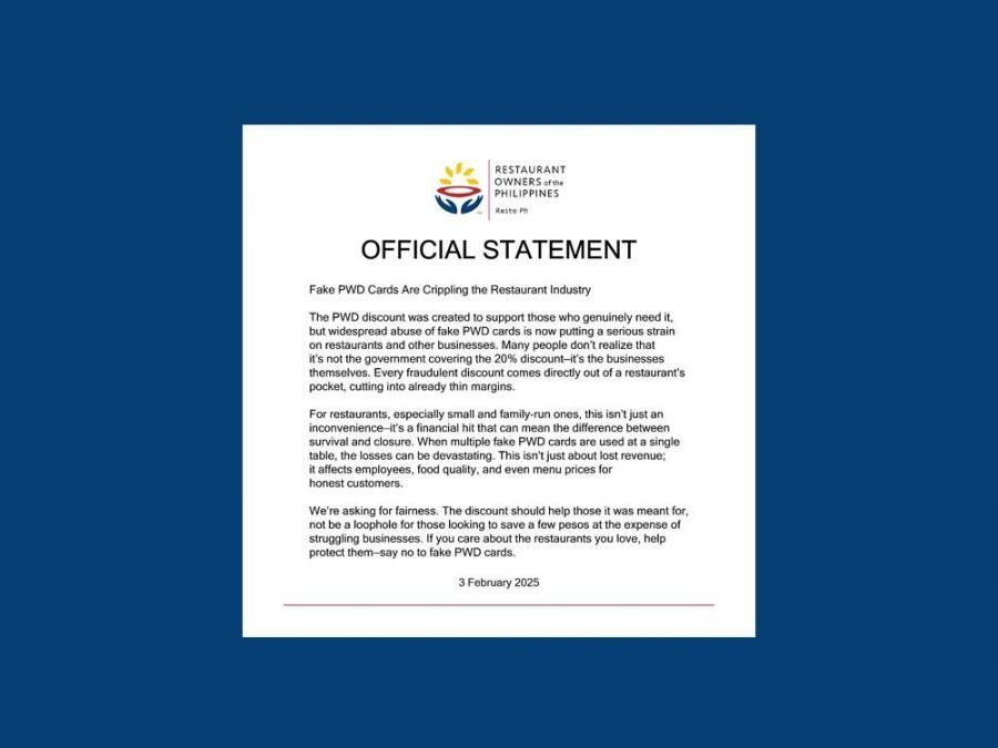 Restaurant owners release statement amid widespread use of fake PWD cards