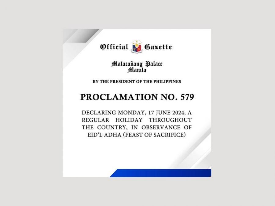 June 17 declared regular holiday for Eid'l Adha
