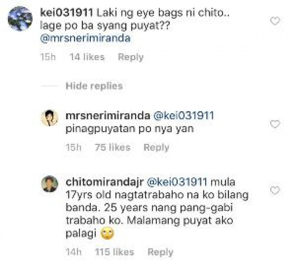READ: Chito Miranda, sumagot sa netizen na pumuna sa kaniyang eye bags ... READ: Chito Miranda, sumagot sa netizen na pumuna sa kaniyang eye bags ...